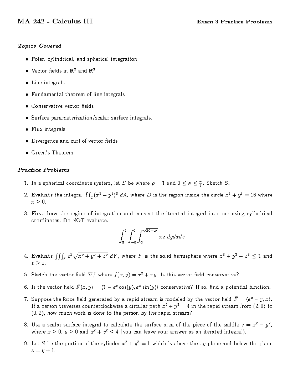 Exam 3 Practice Problems (1) - MA 242 - Calculus III Exam 3 Practice ...