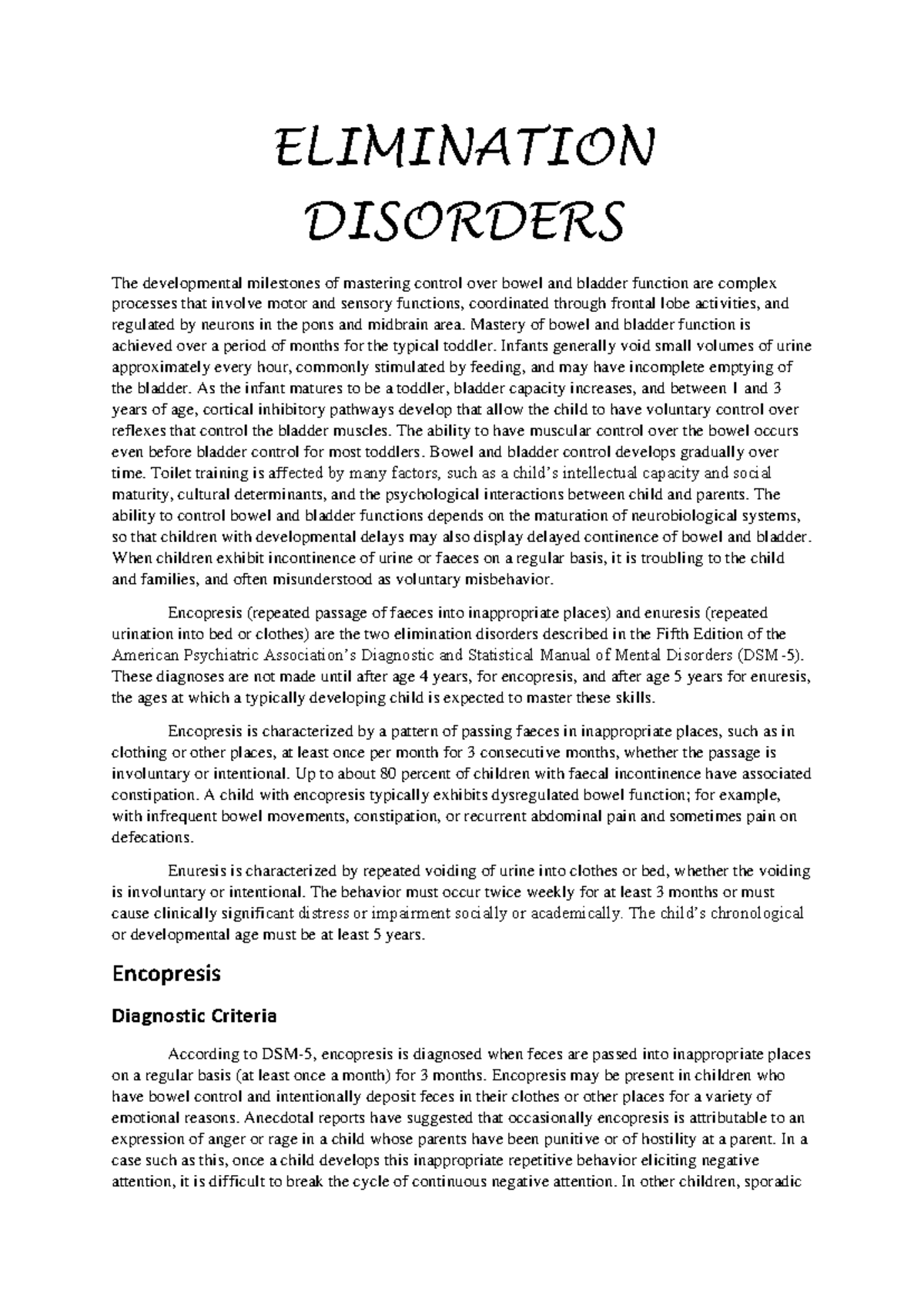 Elimination Disorders - ELIMINATION DISORDERS The developmental ...