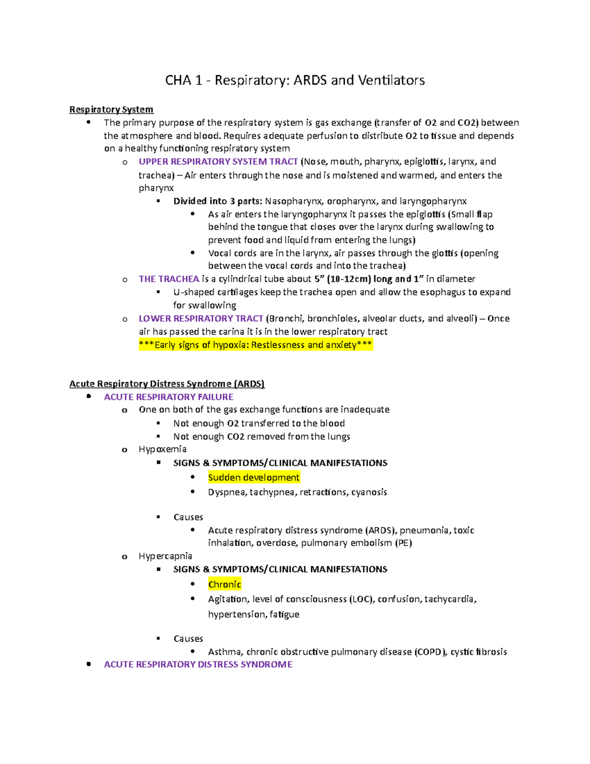 Notes - ARDS and Ventilators - CHA 1 - Respiratory: ARDS and ...