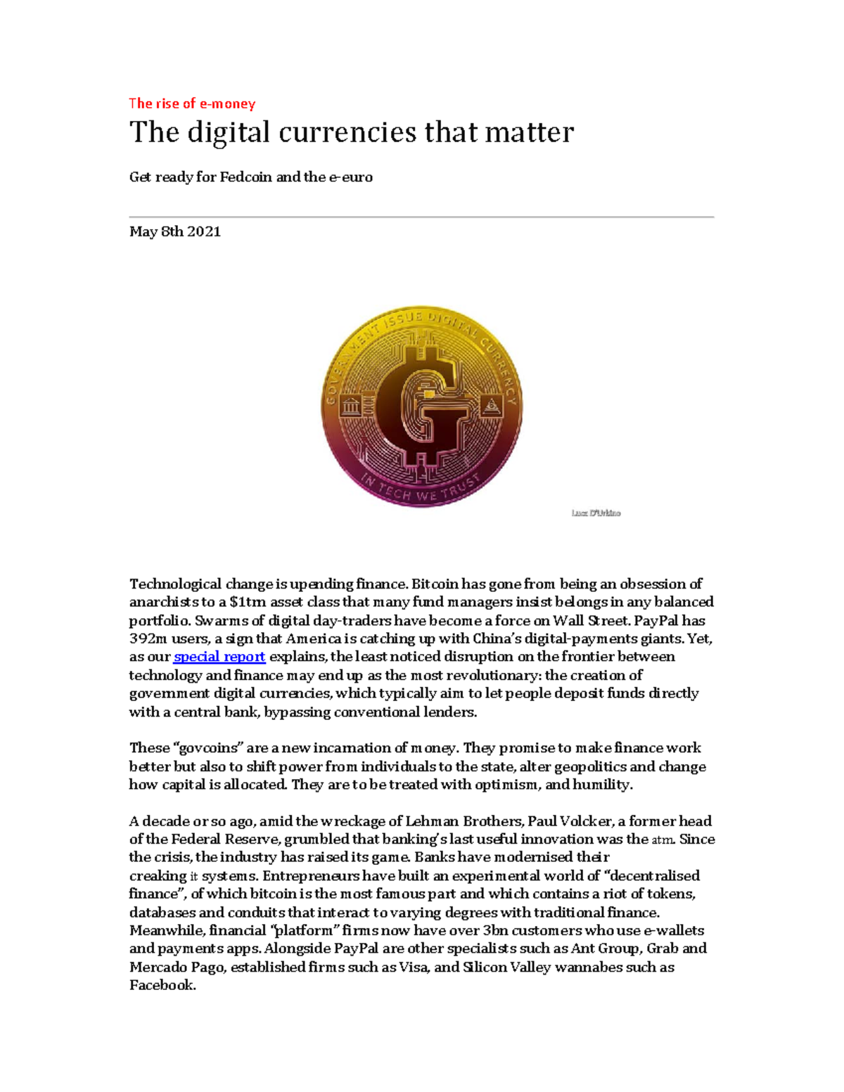 Article - The digital currencies that matter (Economist, 8 May 2021 ...