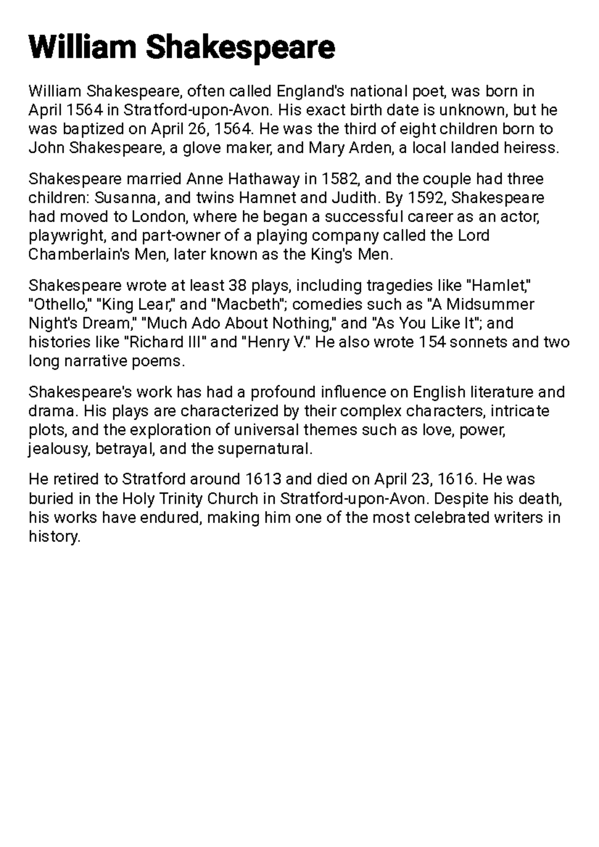 Shakespeare - Biography - William Shakespeare William Shakespeare ...