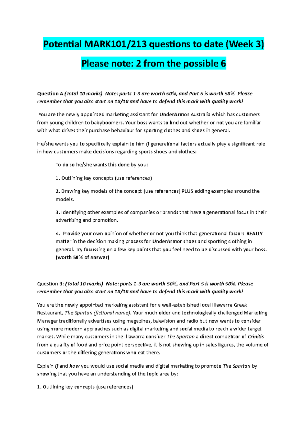 Potential MARK101 mini-report questions 2 of 6 - Potential MARK101/213 ...