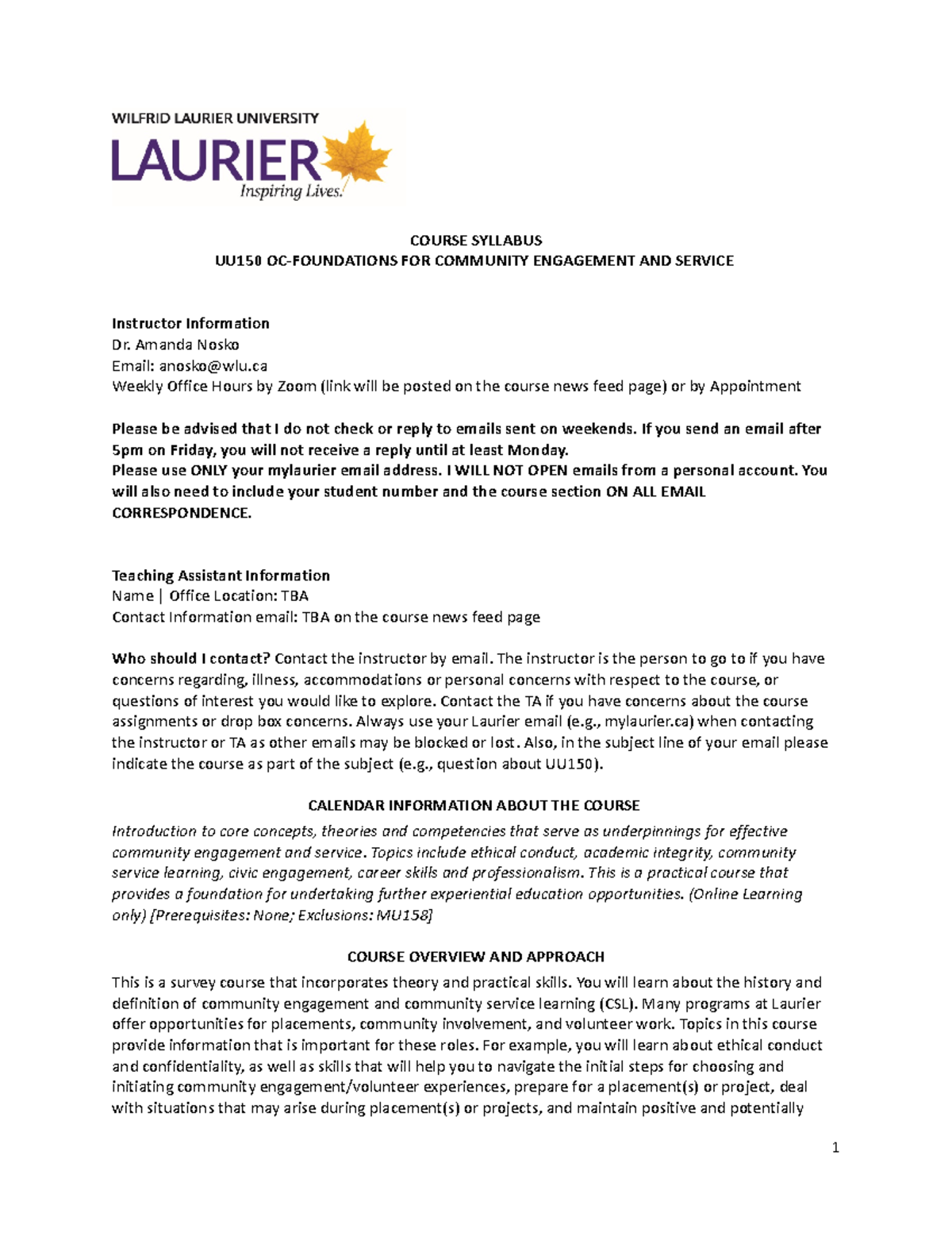 UU150 Syllabus F23 - COURSE SYLLABUS UU150 OC-FOUNDATIONS FOR COMMUNITY ...