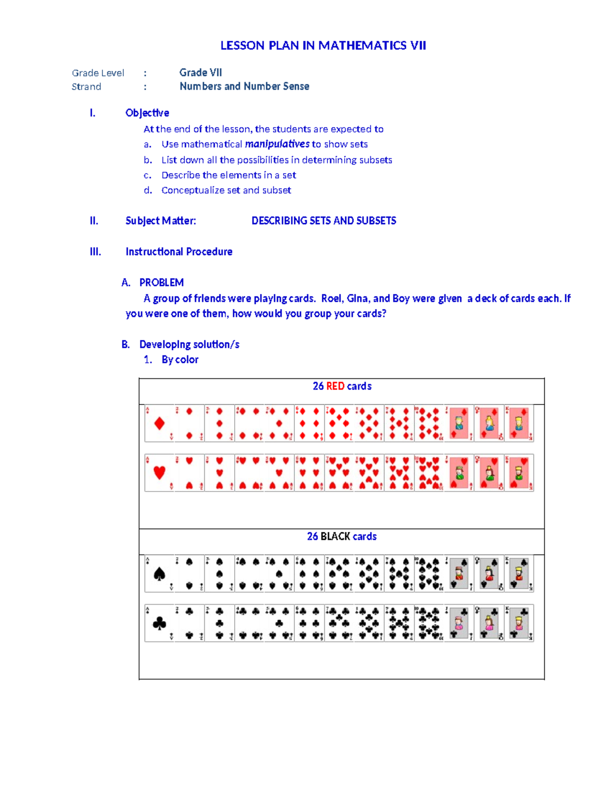 Describing Sets and Subsets - LESSON PLAN IN MATHEMATICS VII Grade Level : Grade VII Strand ...