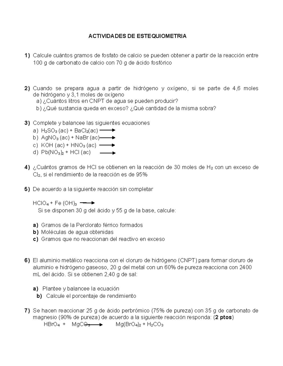 Ejercicios estequiometria - ACTIVIDADES DE ESTEQUIOMETRIA Calcule cuántos gramos de fosfato de ...