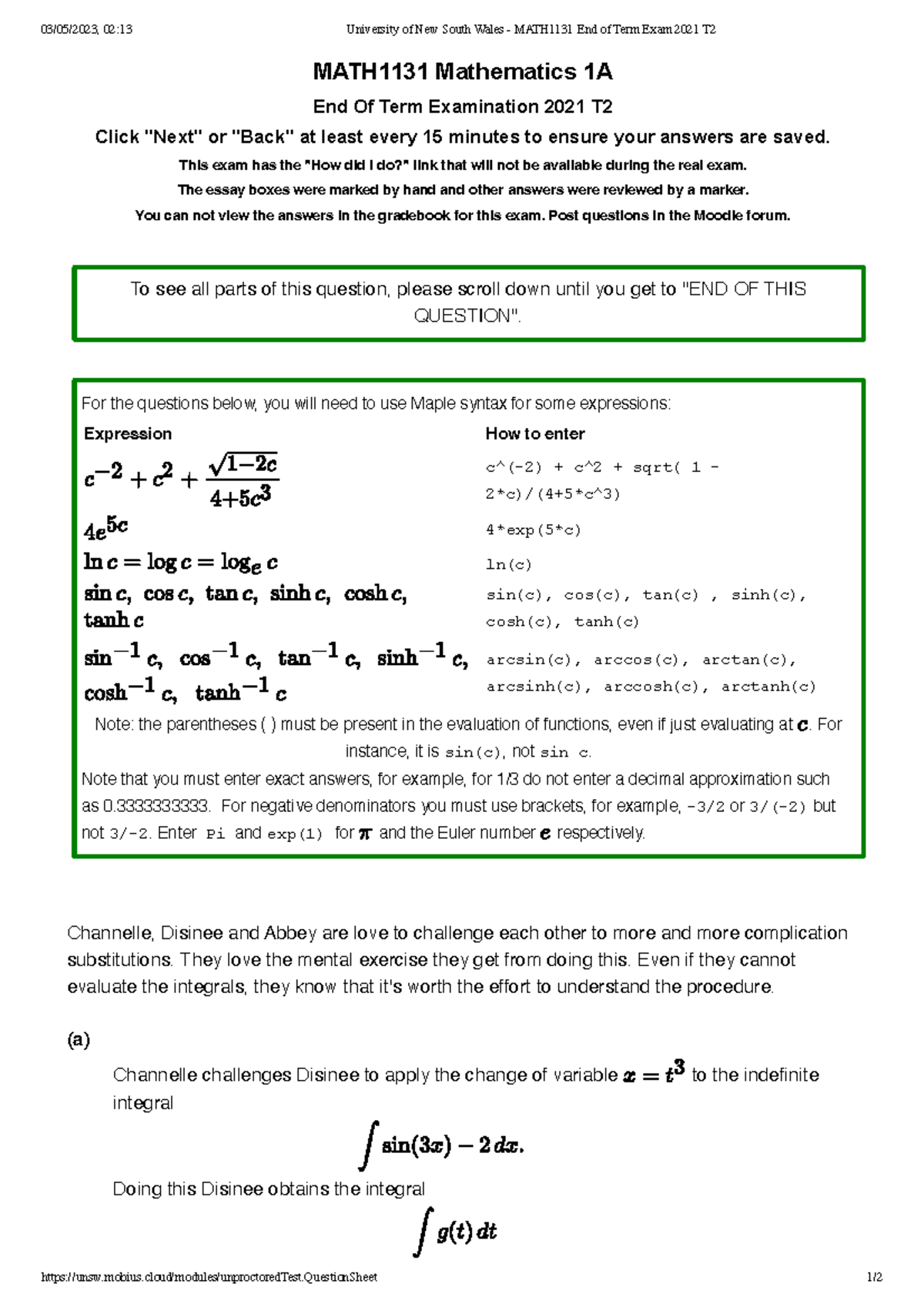 2021 t2 - exam - MATH1131 Mathematics 1A End Of Term Examination 2021 T ...
