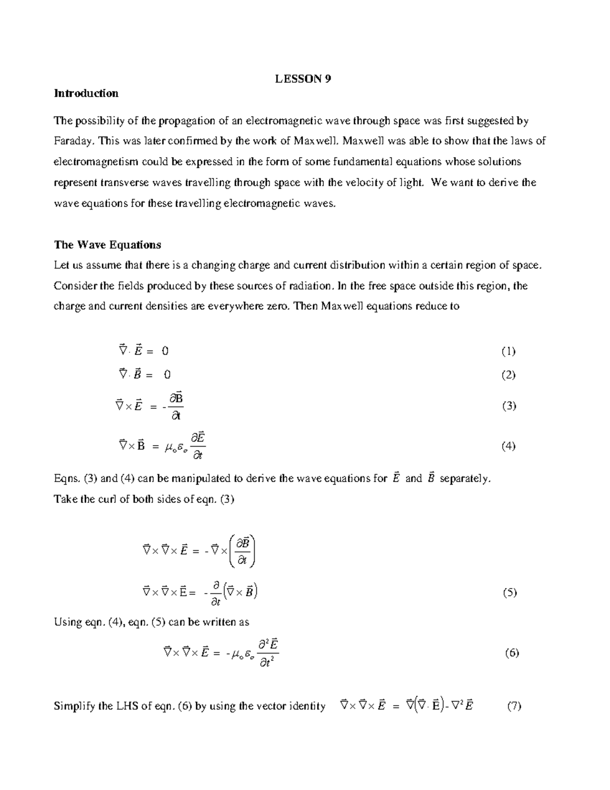 SPH 315-401 Lesson 9 Electromagnetic Waves - LESSON 9 Introduction The ...