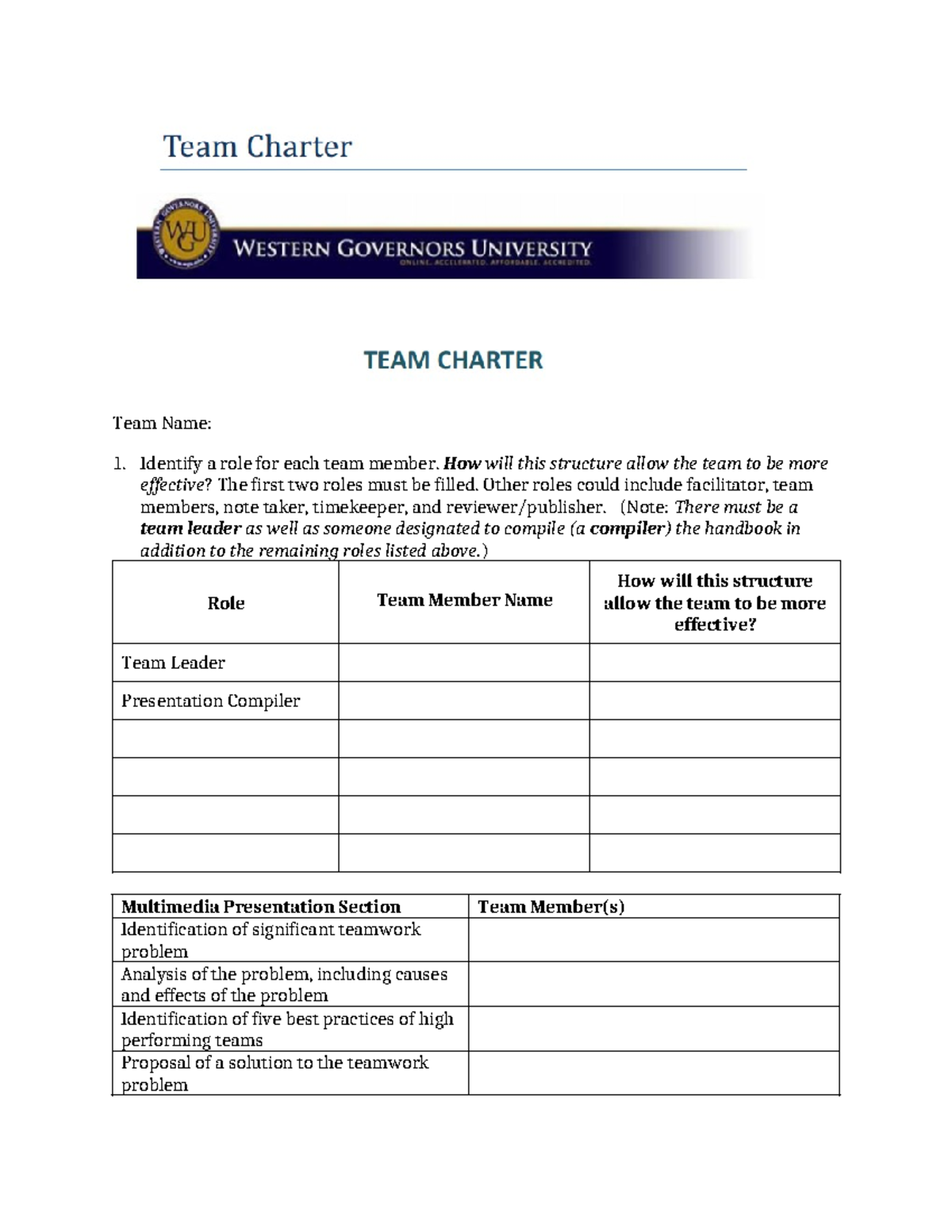 C205 team charter revised - Team Name: Identify a role for each team ...