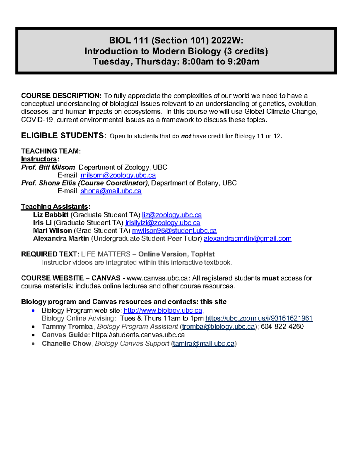Biol 111 Syllabus 2022W 101 - BIOL 111 (Section 101) 2022W ...