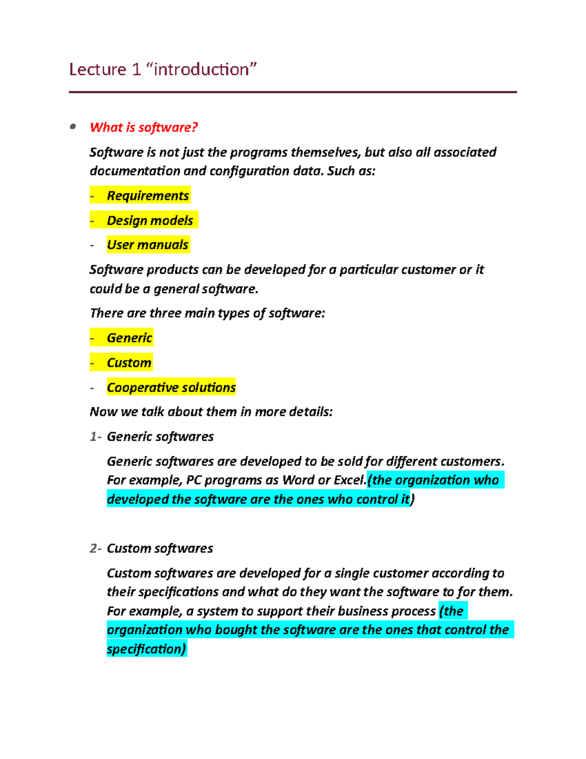Lecture 1 summary done by a student - Software engineering - KFUPM ...