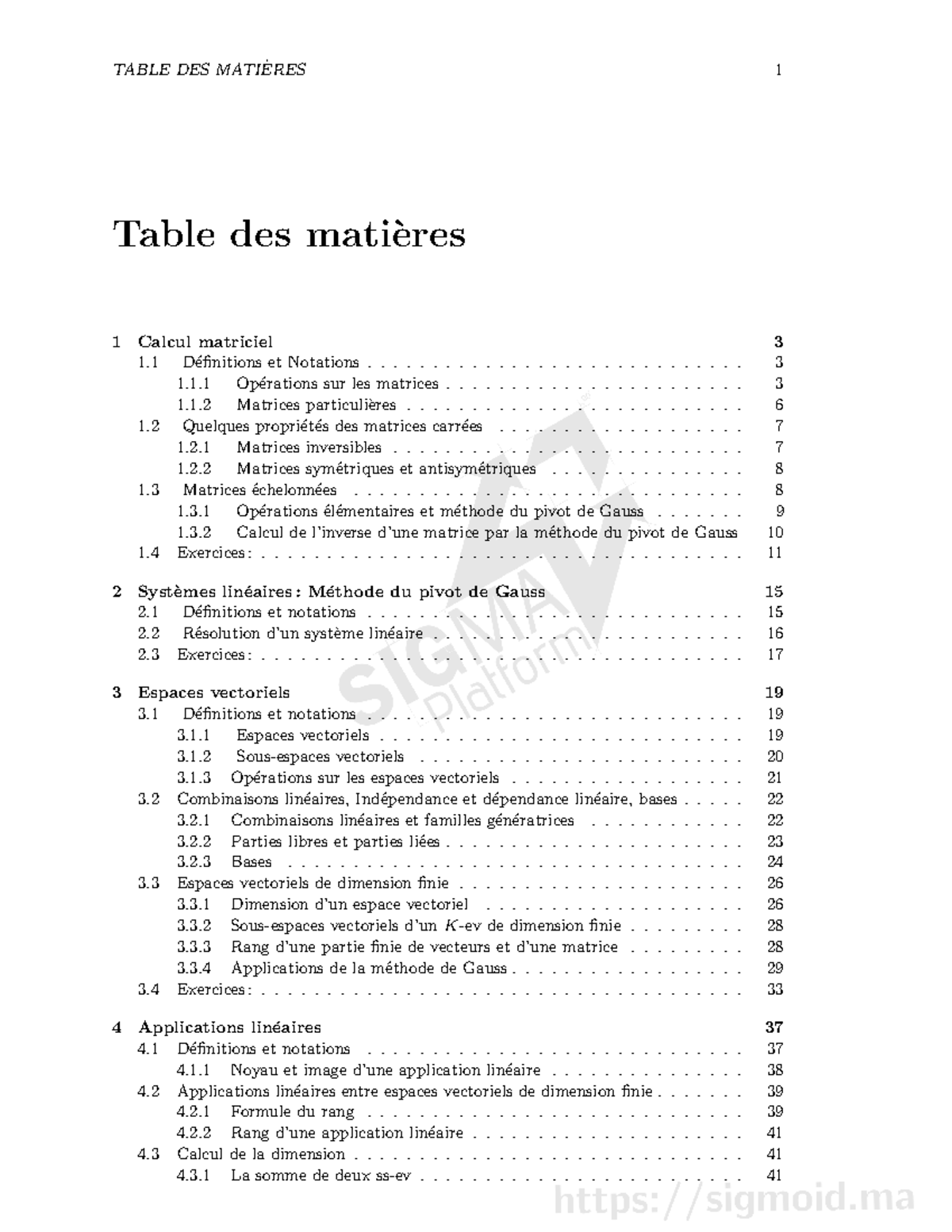 Cours d'Algèbre 3 SMA S2 - Table des mati`eres TABLE DES MATI `ERES 1 Calcul matriciel 1 D - Studocu
