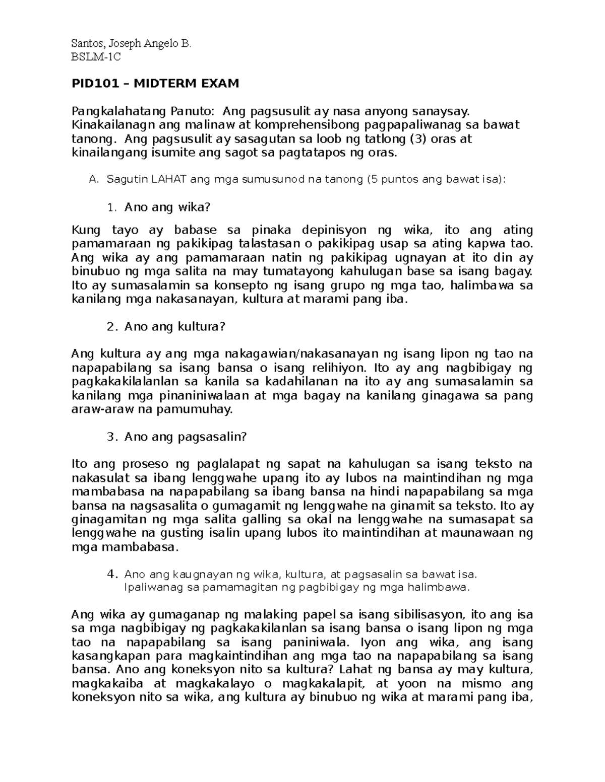 PID101 - Midterm EXAM (Mga Sagot) - BSLM-1C PID101 – MIDTERM EXAM ...