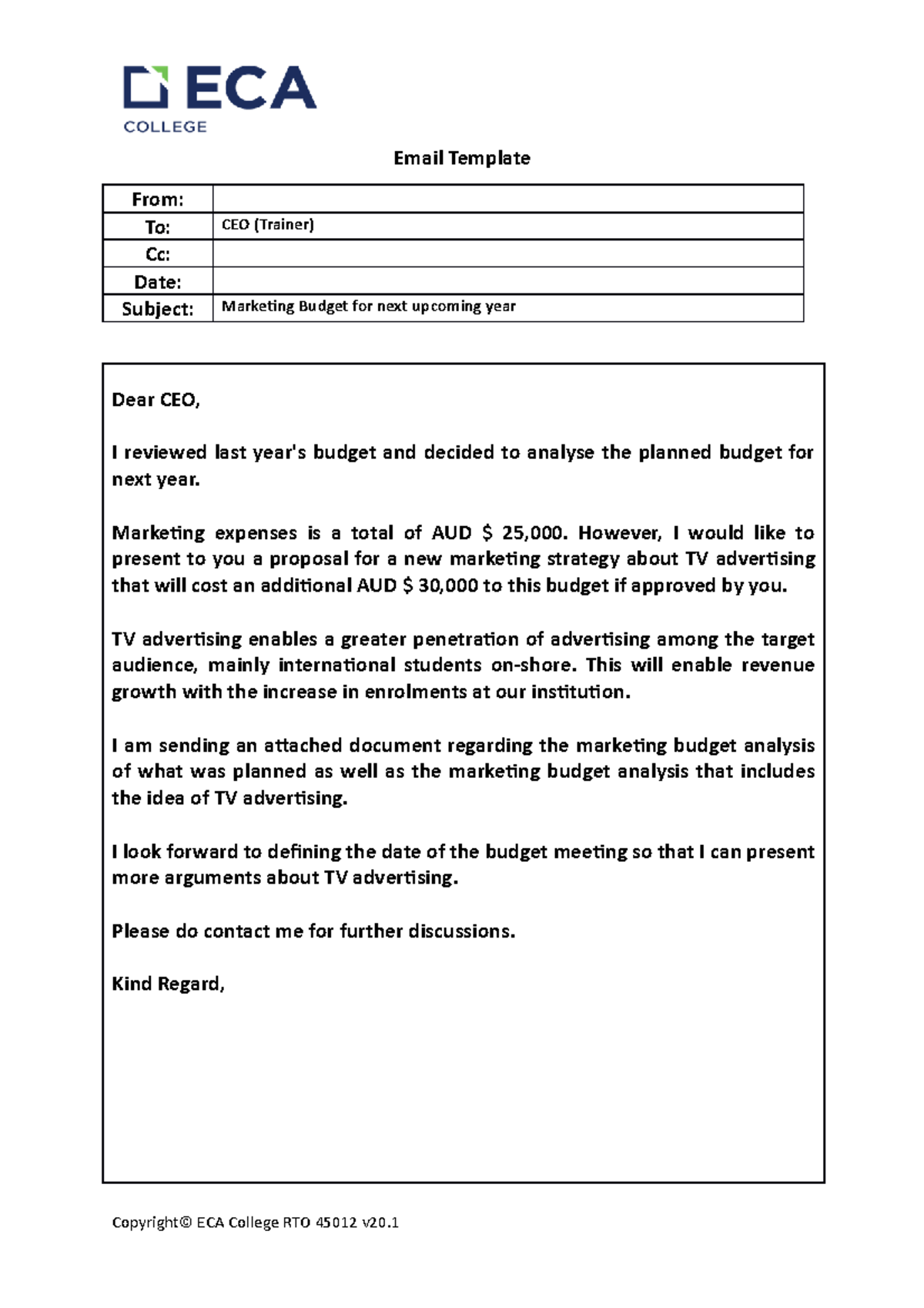 Email - Marketing Budget for next upcoming year - Task 2 - Email ...