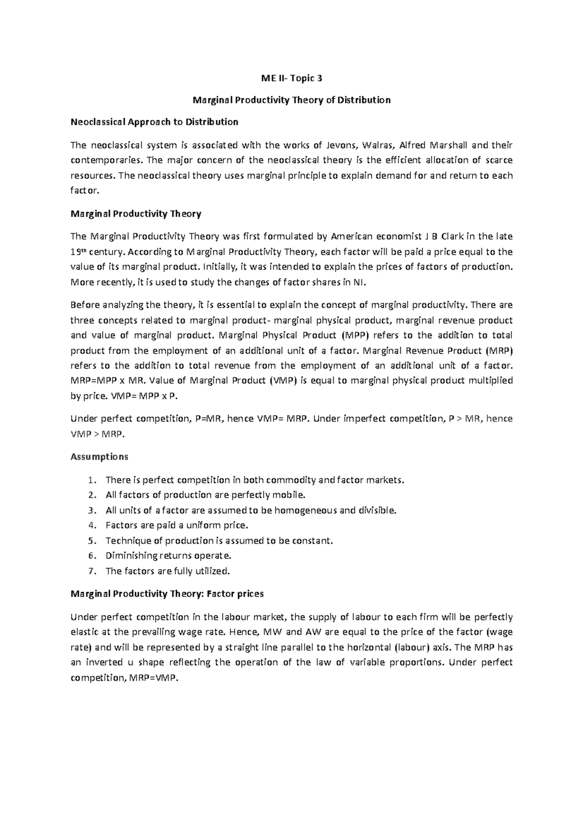 Marginal productivity theory of distribution 2 sem - ME II- Topic 3 ...