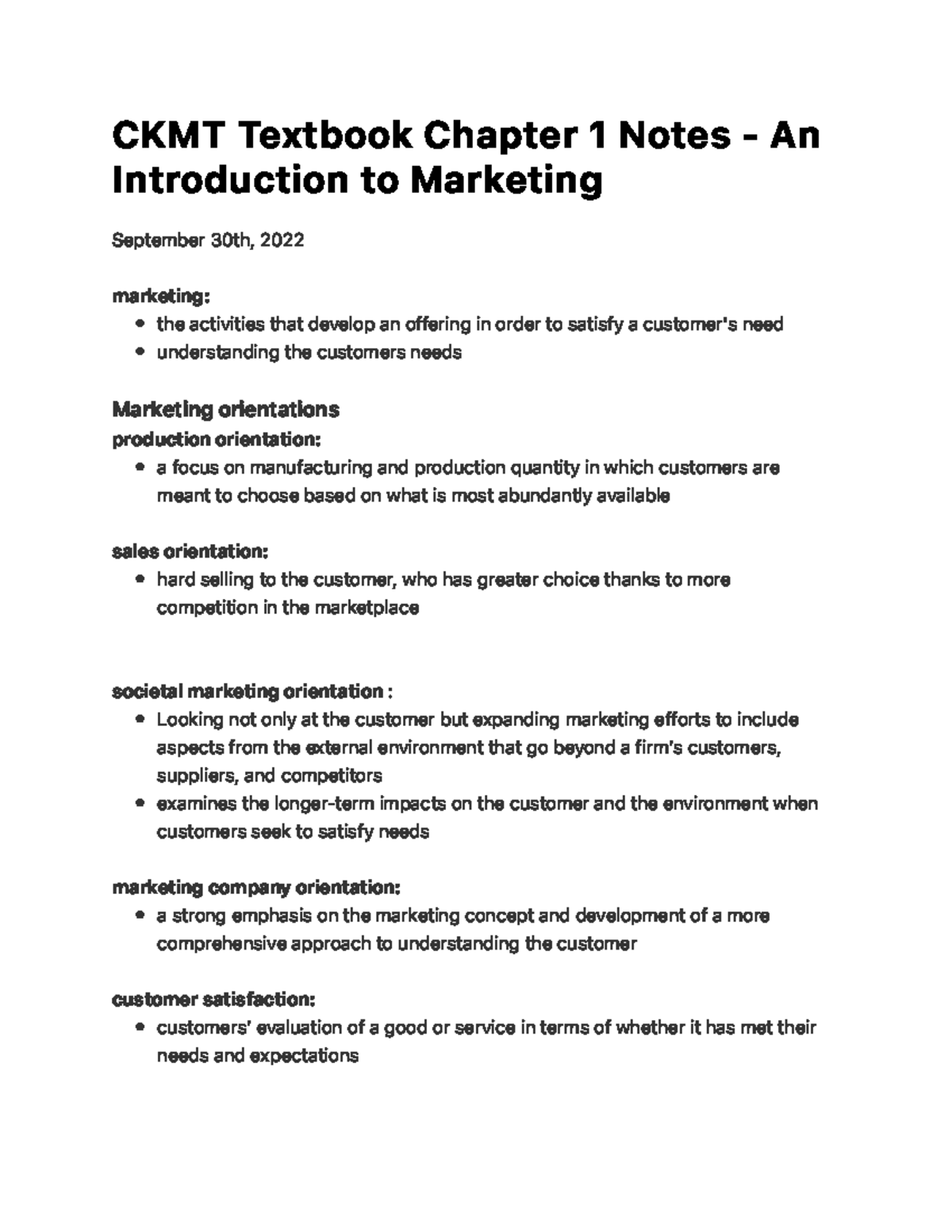 CKMT Textbook Chapter 1 Notes - An Introduction to Marketing - Each ...