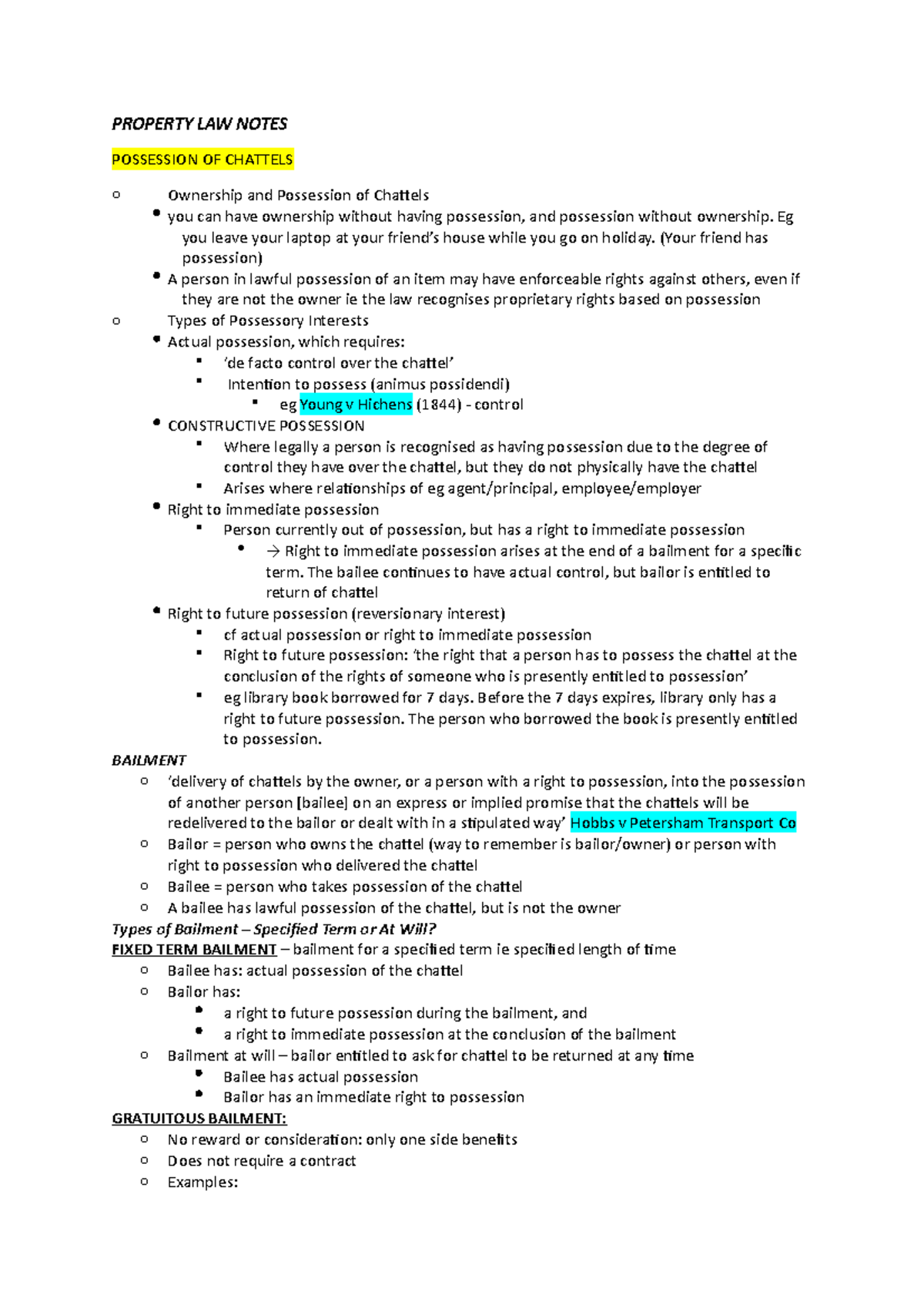 Property LAW Notes - PROPERTY LAW NOTES POSSESSION OF CHATTELS o ...