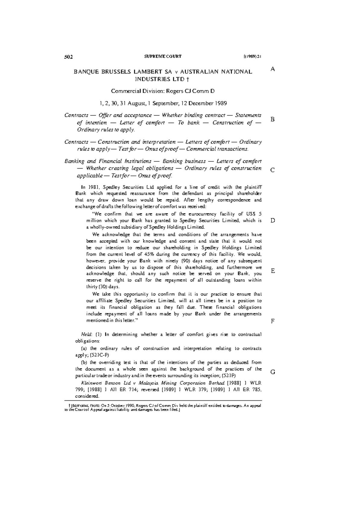 Banque Brussels Lambert SA v Australian National Industries Ltd (1989 ...