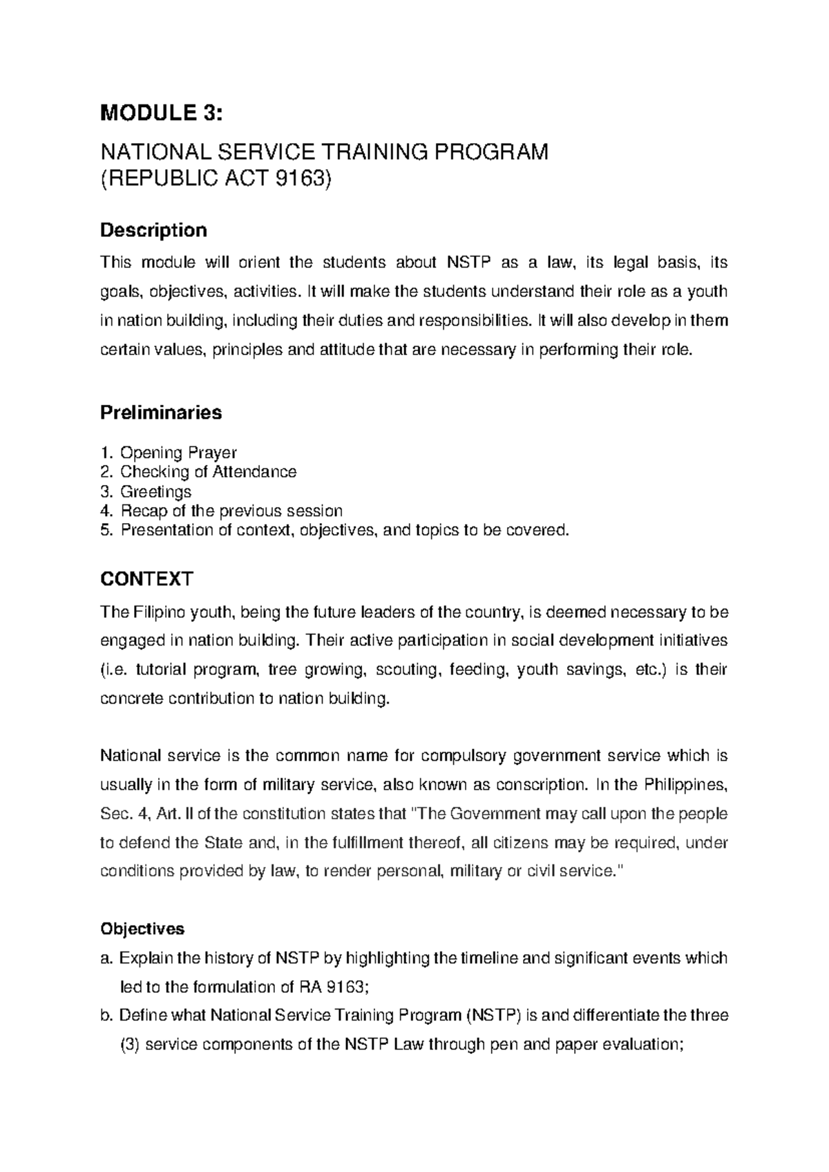 Module 3 RA 9163 or the National Service Training Program - MODULE 3 ...