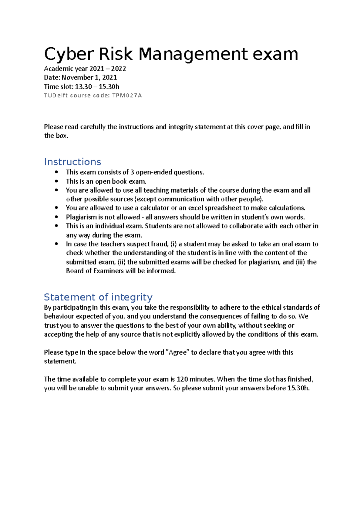 CRM 2021- Cyber Risk Management exam questions and model answers Nov 1 ...