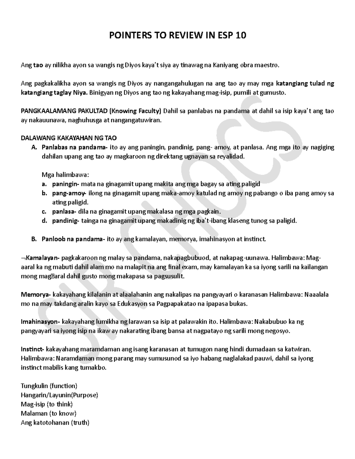 Pointers to Review in ESP 10 - POINTERS TO REVIEW IN ESP 10 Ang tao ay nilikha ayon sa wangis ng ...