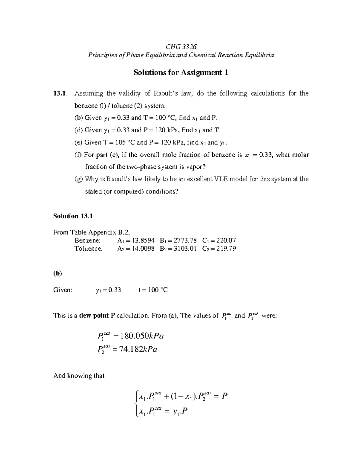 Assignment 12023 Solutions - CHG 3326 Principles of Phase Equilibria and Chemical Reaction - Studocu