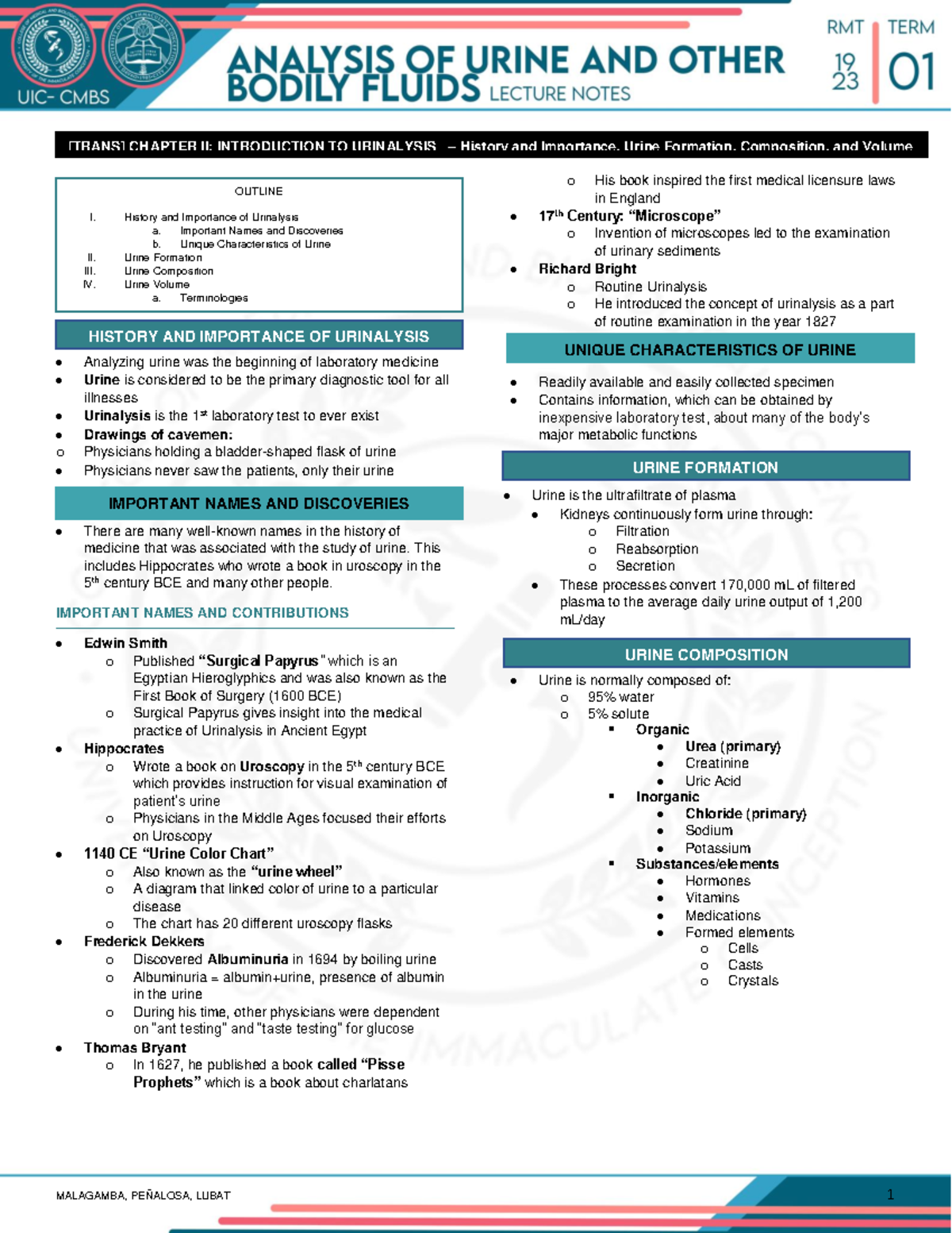 AUBF Topic 1 aubf - MALAGAMBA, PEÑALOSA, LUBAT 1 Analyzing urine was ...
