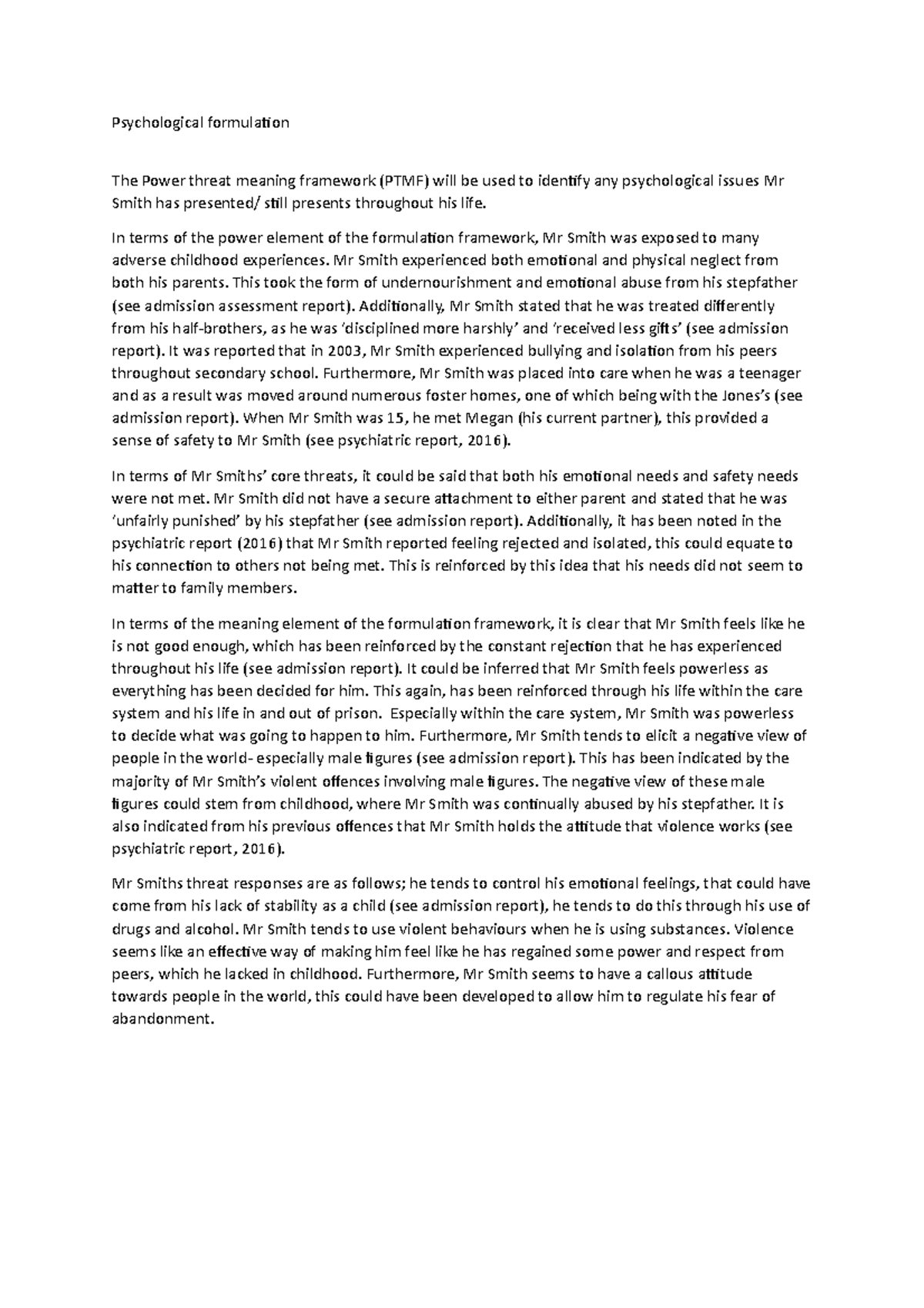 Psychological formulation for lecture - Psychological formulation The ...