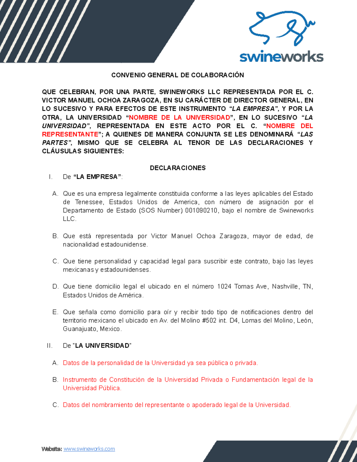 Swineworks Convenio Colaboracion - CONVENIO GENERAL DE COLABORACIÓN QUE CELEBRAN, POR UNA PARTE ...