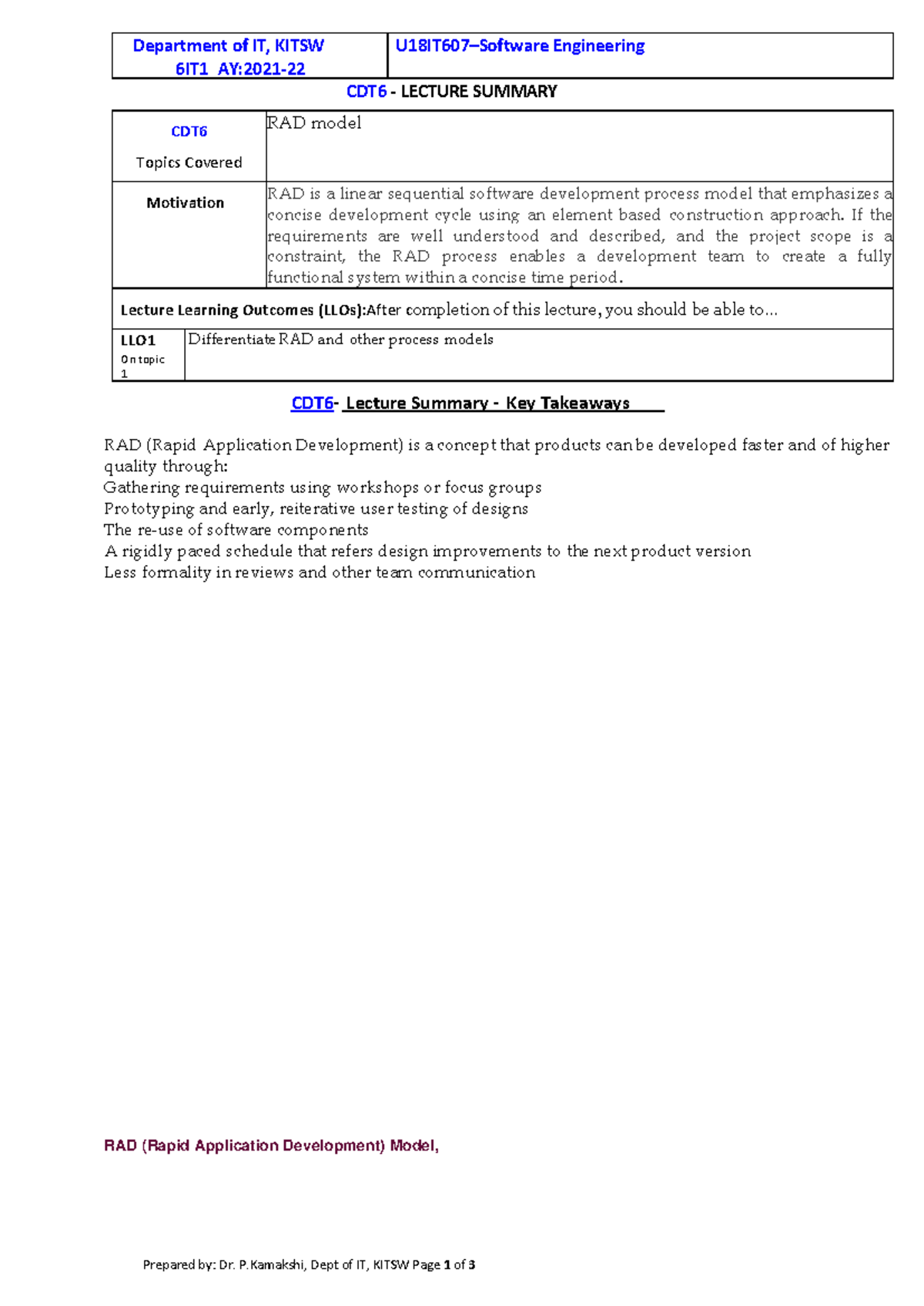 RAD model In SE - Department of IT, KITSW 6IT1 AY:2021- U18IT607 ...