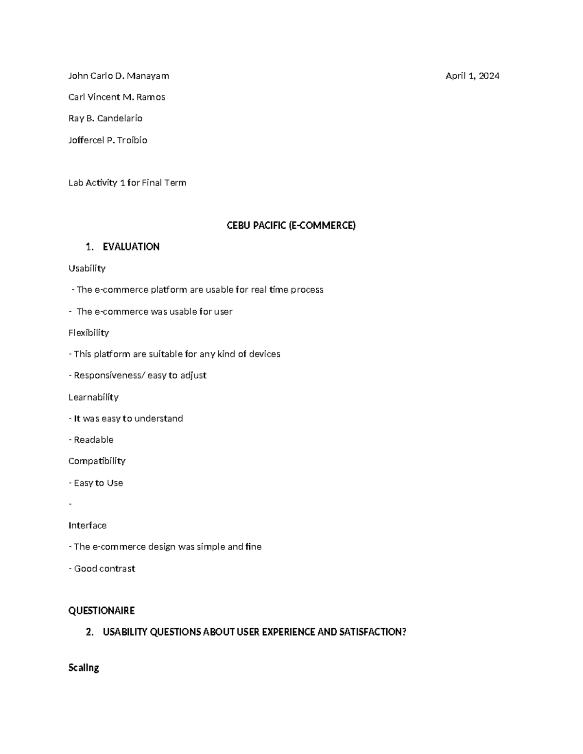 Questionaire-Aipax - John Carlo D. Manayam April 1, 2024 Carl Vincent M ...