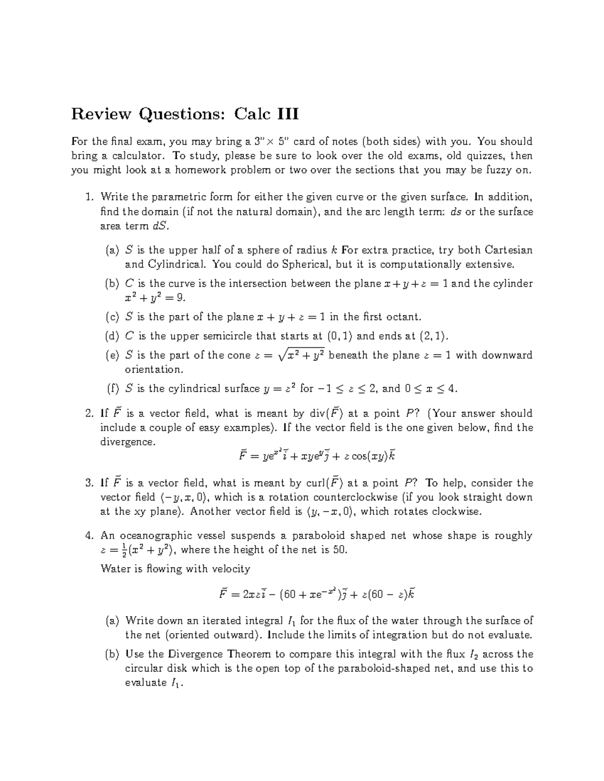 MATH32 Final exam - Review Questions: Calc III For the final exam, you ...