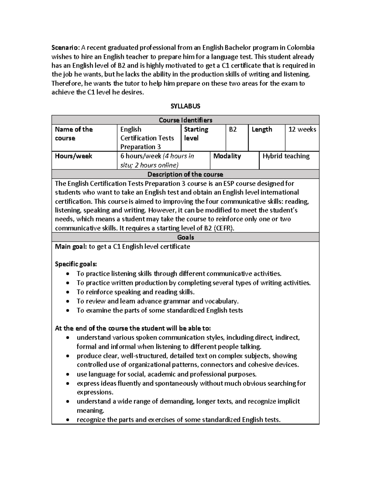 Task 4 - ESP Syllabus - Scenario: A recent graduated professional from an English Bachelor ...