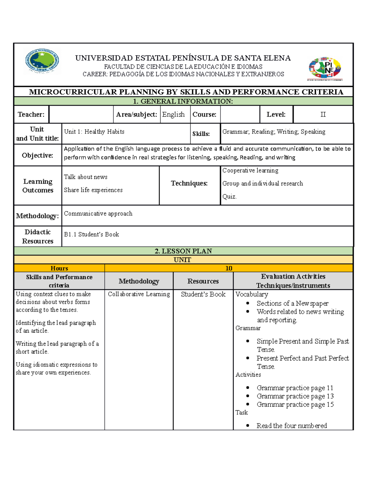 Lesson PLAN - material de práctica en el idioma ingles - UNIVERSIDAD ...