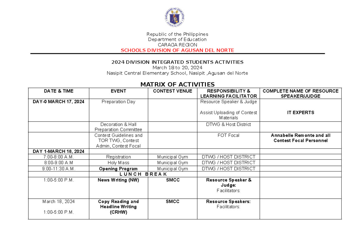 FILE- Matrix-OF- Activities DISA SPC FOT 2024 - Department of Education ...