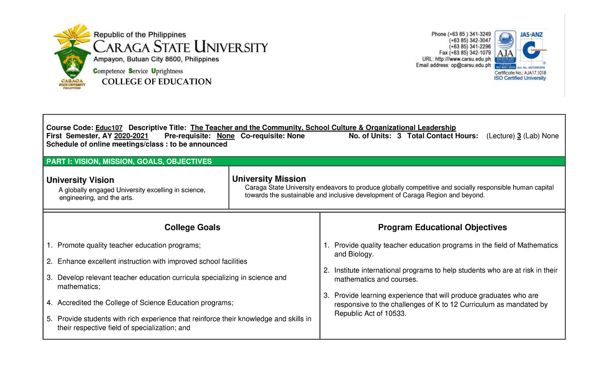 Teacher and Community Syllabus - COLLEGE OF EDUCATION Course Code ...