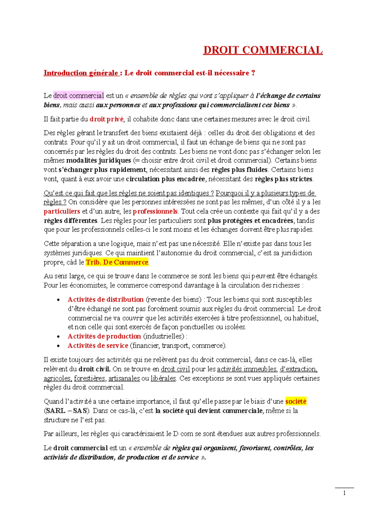Droit Commercial - DROIT COMMERCIAL Introduction générale : Le droit ...