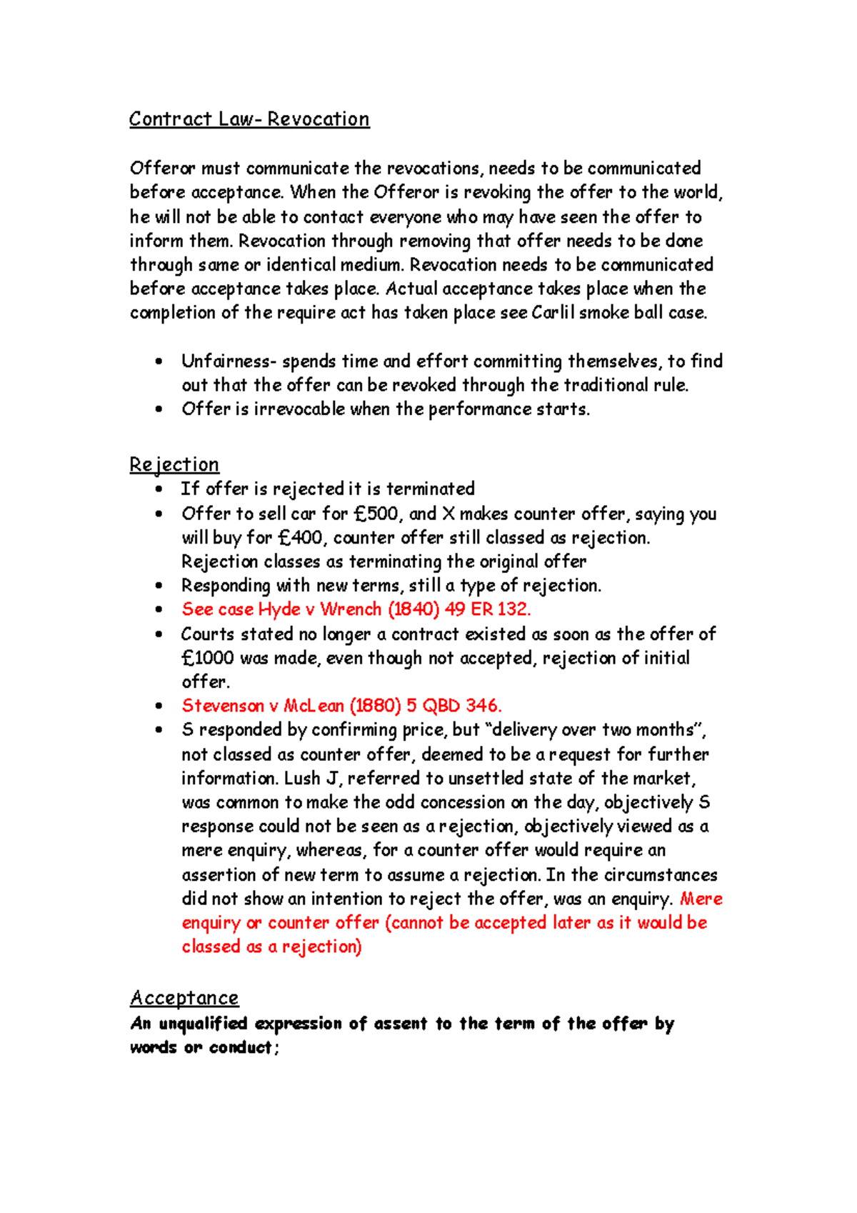 Contract Law Lecture Notes.3 - Contract Law- Revocation Offeror must ...