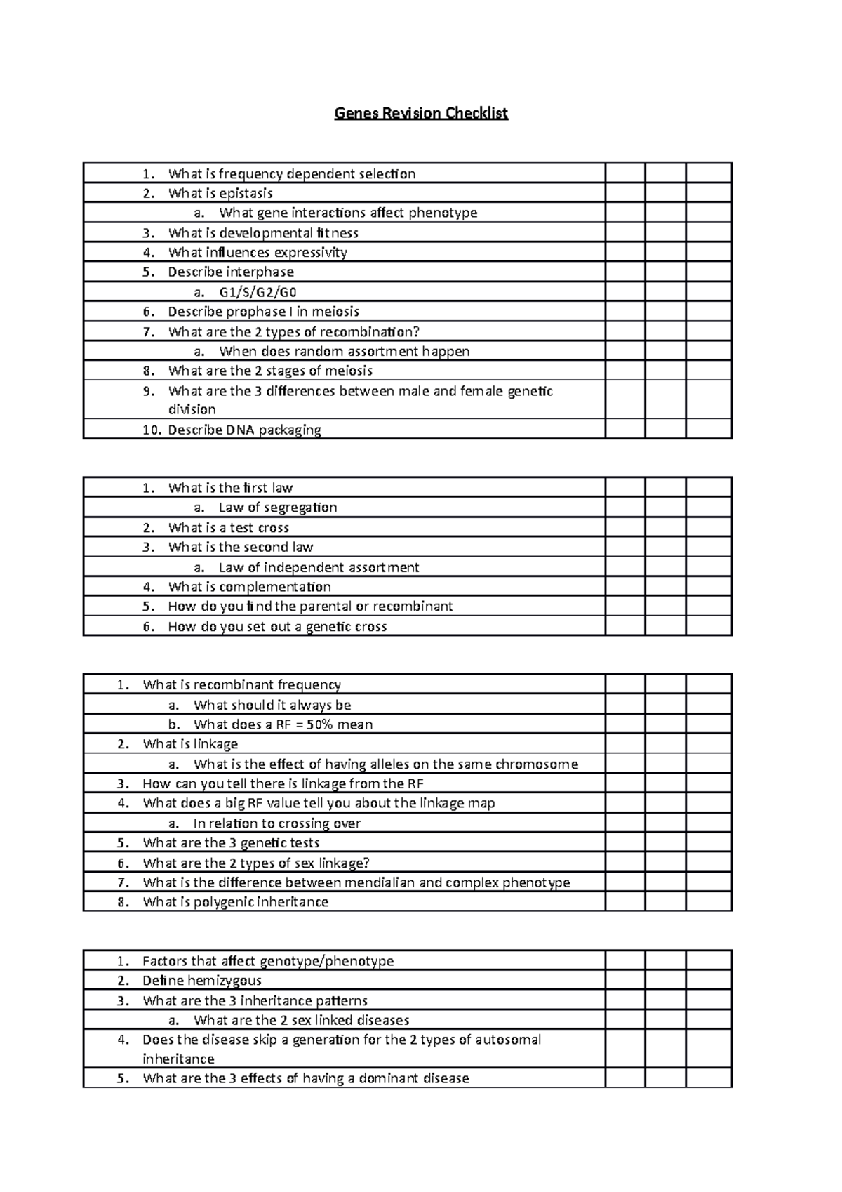 Genes Revision Checklist 2 - Genes Revision Checklist What is frequency ...