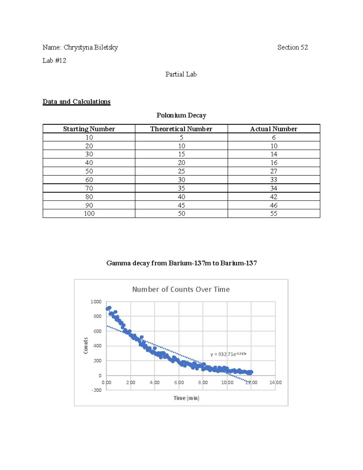 Lab 12- Nuclear Radiation - Name: Chrystyna Biletsky Section 52 Lab ...