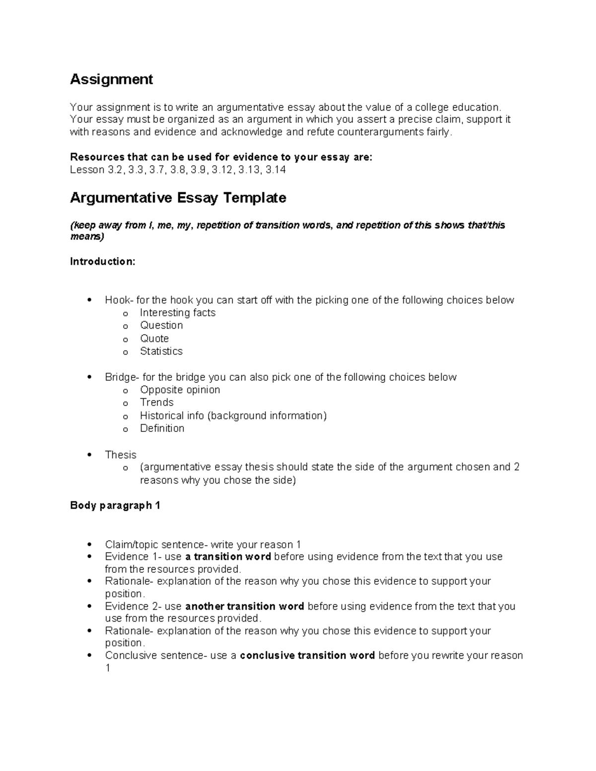 Argumentative Essay Embedded Assessment - Assignment Your assignment is ...