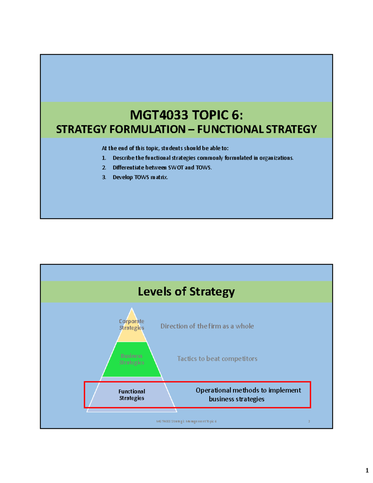 Slide Topic 6 - note - MGT4033 TOPIC 6: STRATEGY FORMULATION ...