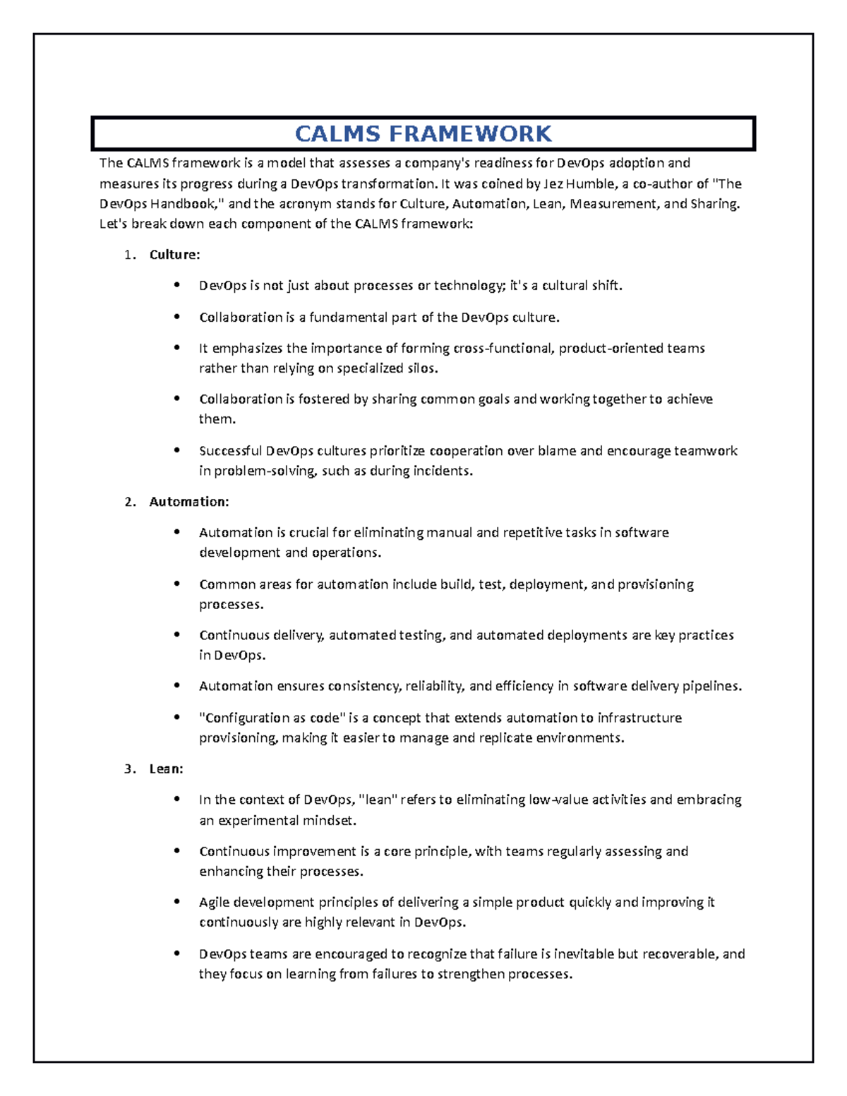 Quize 1 - nxax - CALMS FRAMEWORK The CALMS framework is a model that ...