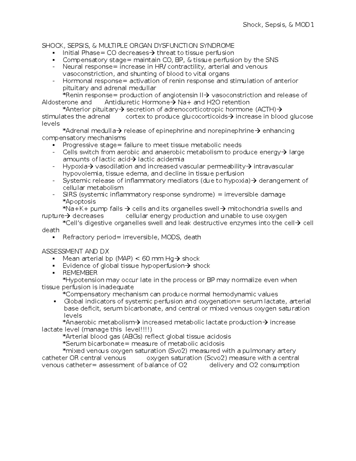 Shock, Sepsis, & MOD - Lecture notes 2 - SHOCK, SEPSIS, & MULTIPLE ...