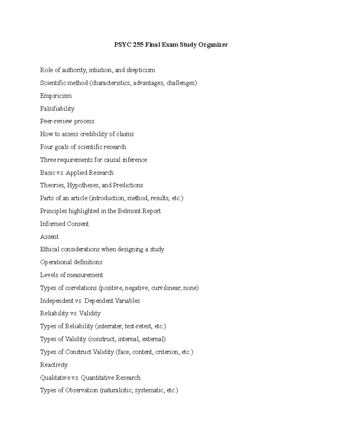 PSYC 255 Final Exam Study Organizer - PSYC 255 Final Exam Study ...