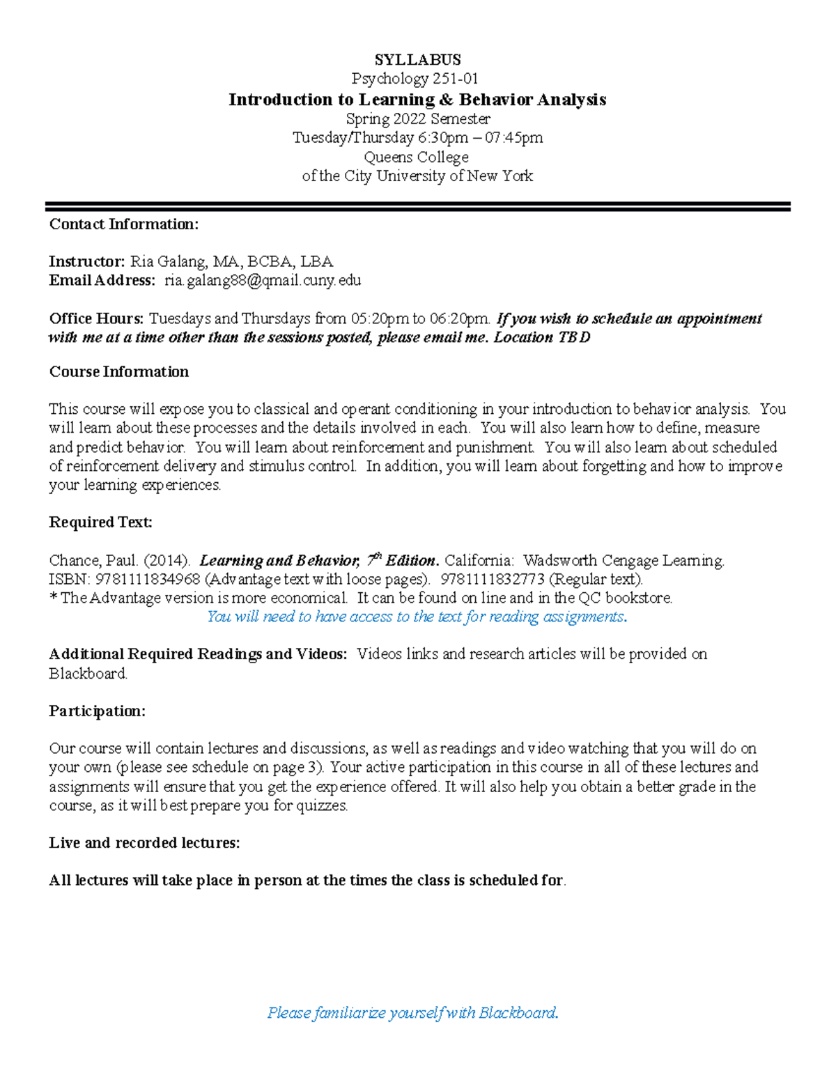 Introduction To Learning And Behavioral Analysis - SYLLABUS Psychology ...