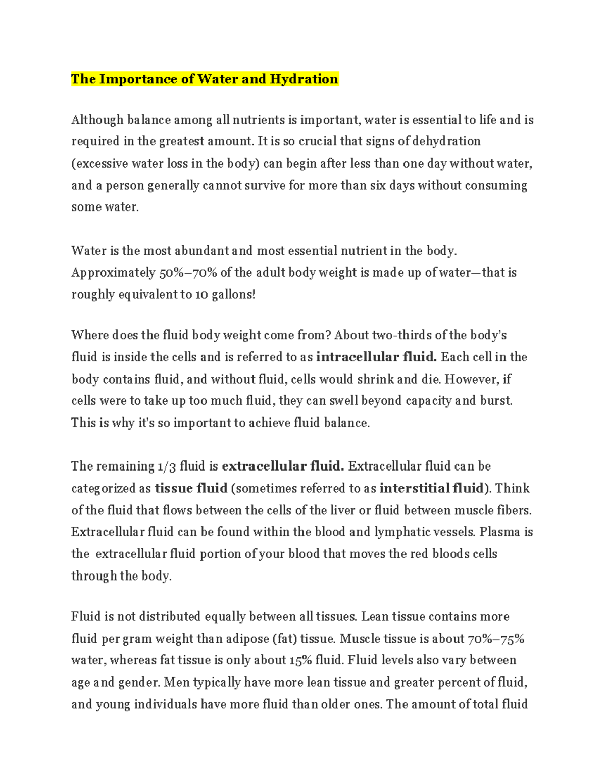 Nutrition 10.1 Notes - The Importance of Water and Hydration Although ...