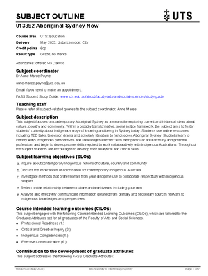 Quiz 1 for aboriginal sydney now 013992 - 013992 - Studocu