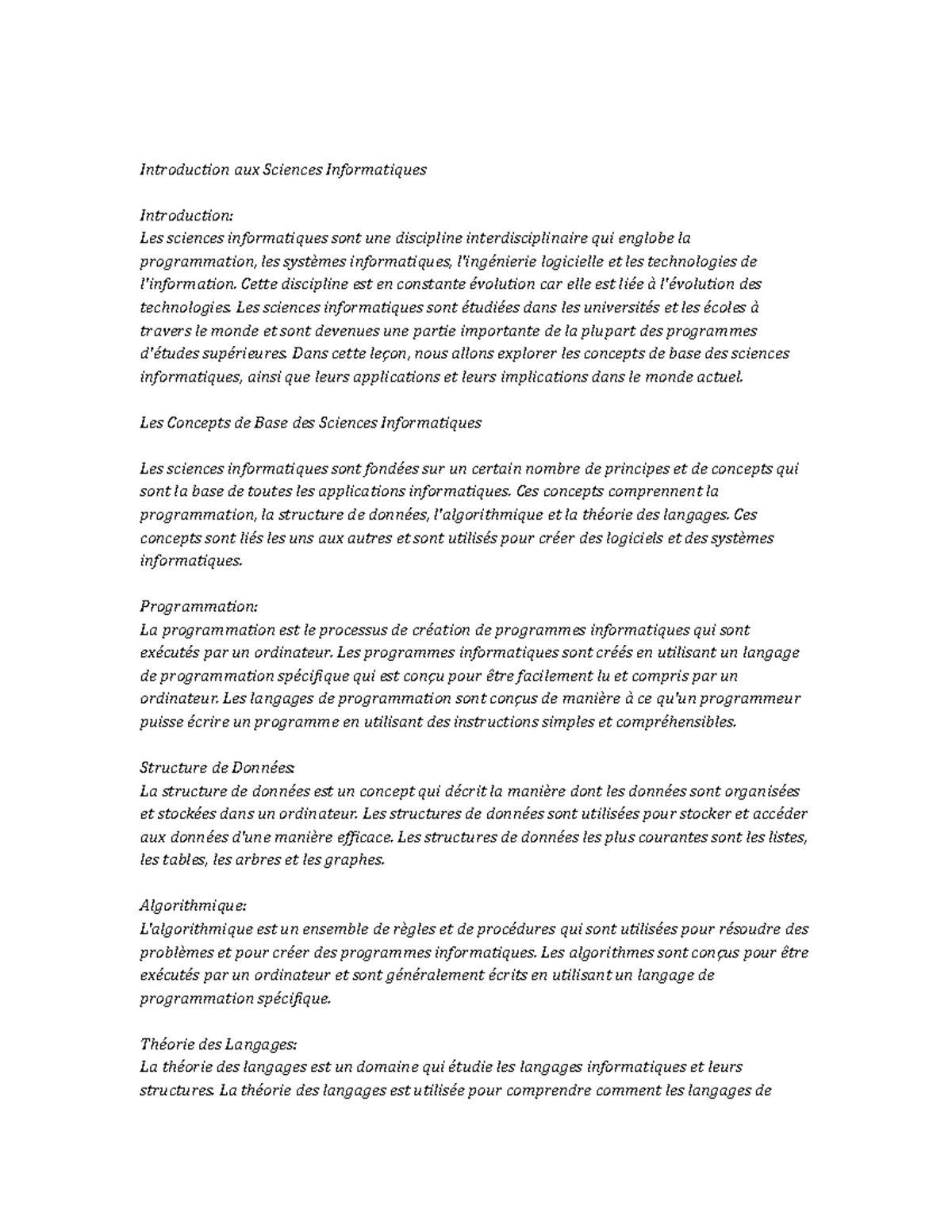 Computer Science note study - Introduction aux Sciences Informatiques ...