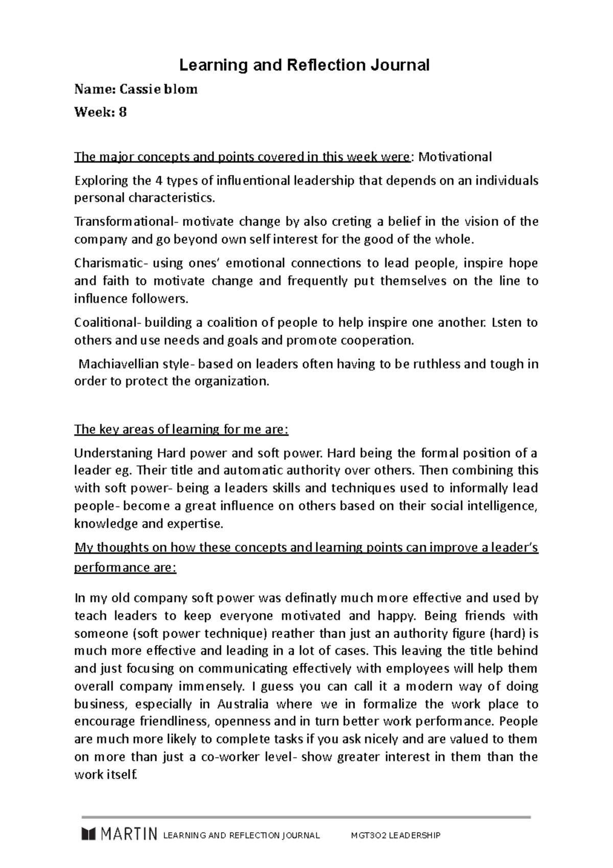 Week 8 leadership - tutorial responses - LEARNING AND REFLECTION ...