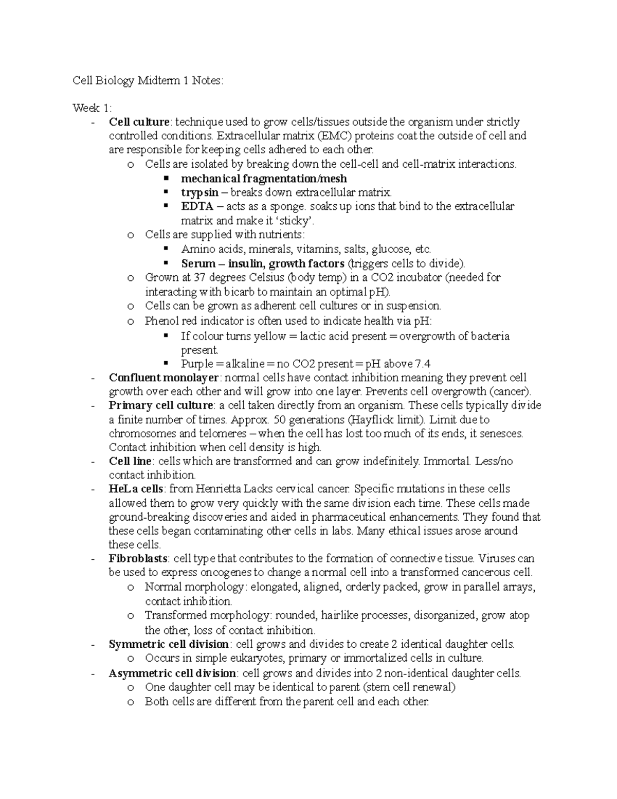 Cell Bio Midterm 1 - Cell Biology Midterm 1 Notes: Week 1: - Cell ...
